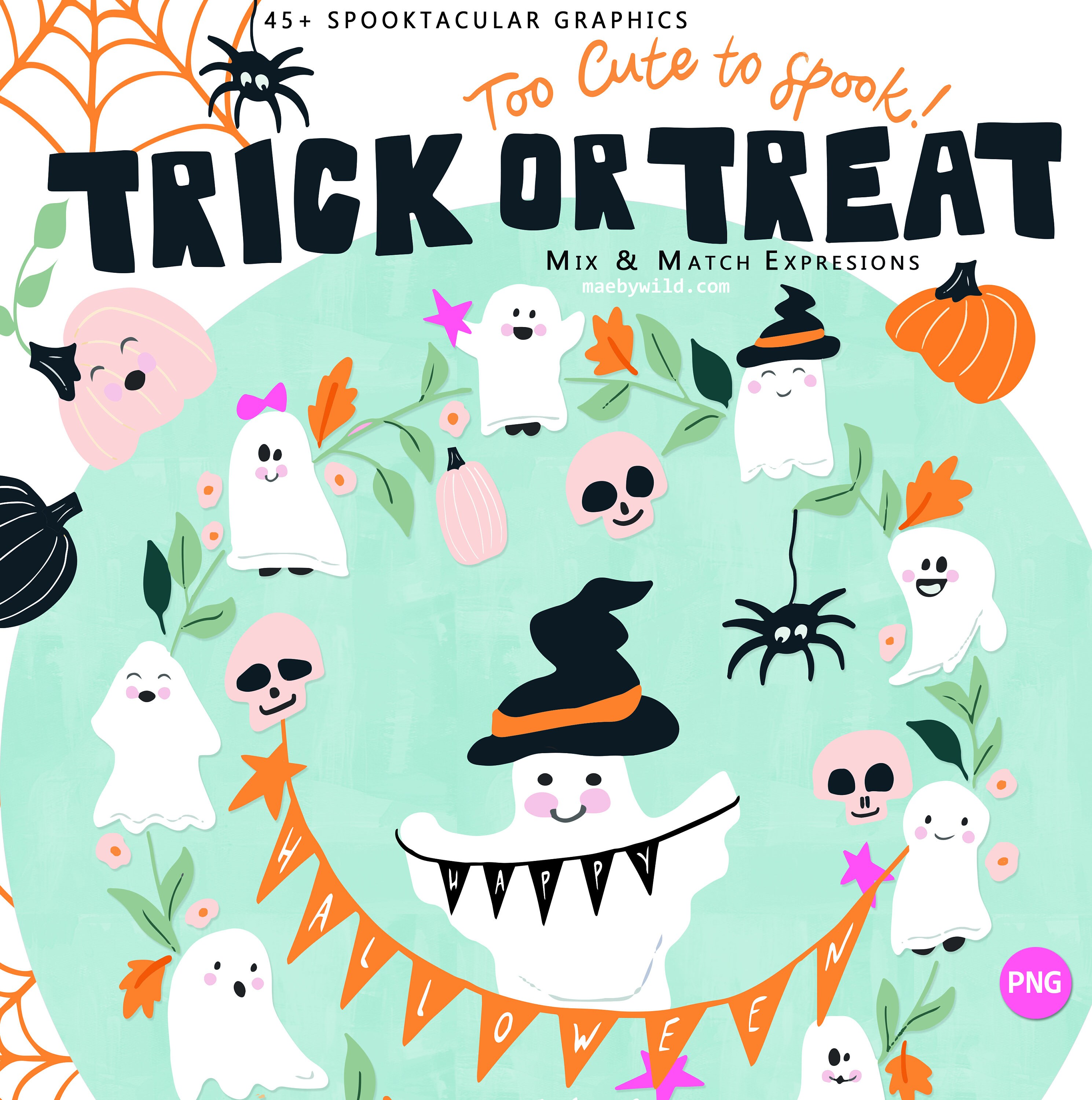 Cute Halloween Clipart, Pink Orange Pumpkins, Flower Skulls, Hand Drawn ...