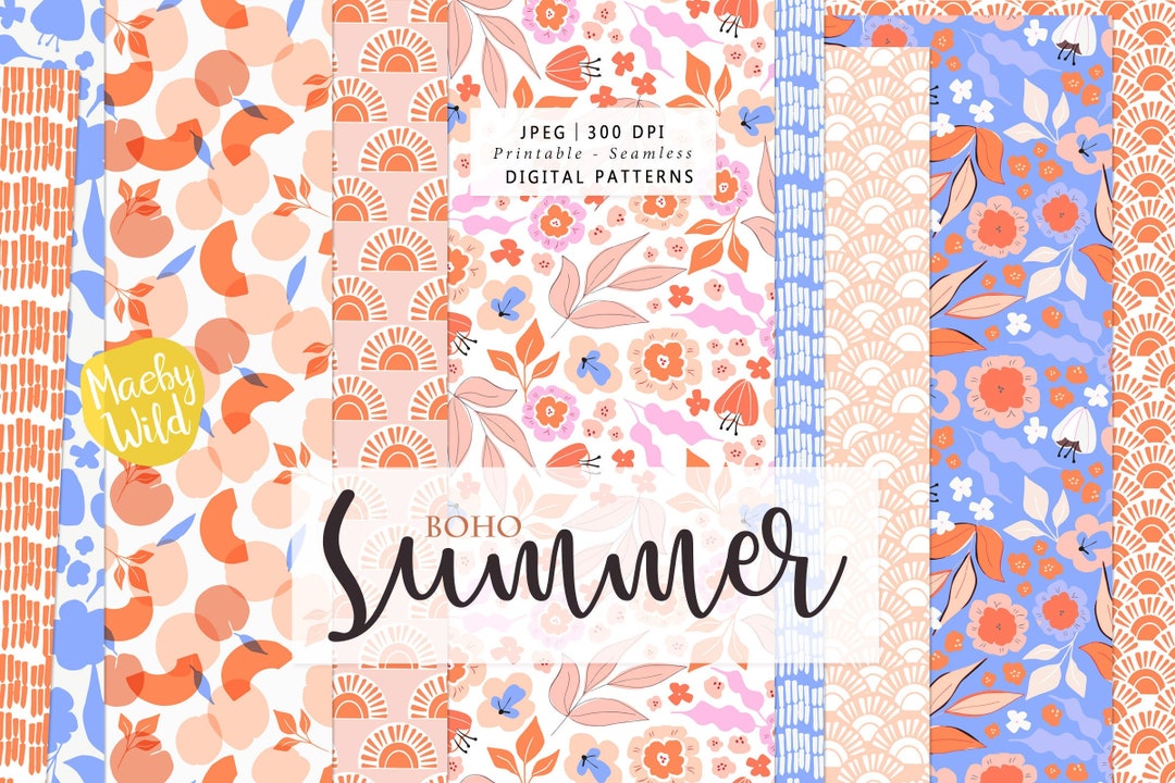 Boho Summer Patterns -digital Seamless Paper - Retro Sun Illustration ...