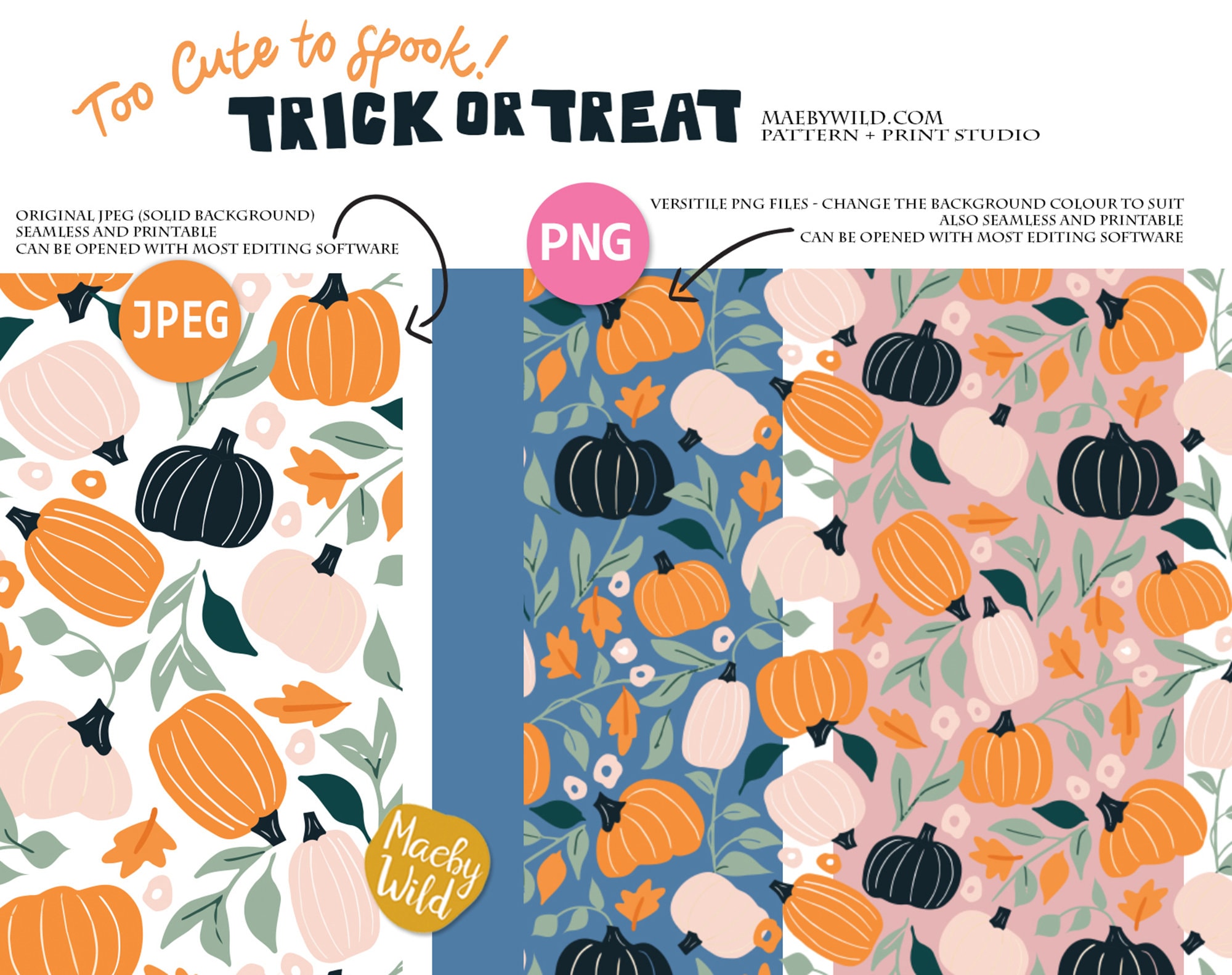 Cute Halloween Digital Seamless Patterns With Fall Pumpkins, Skulls ...