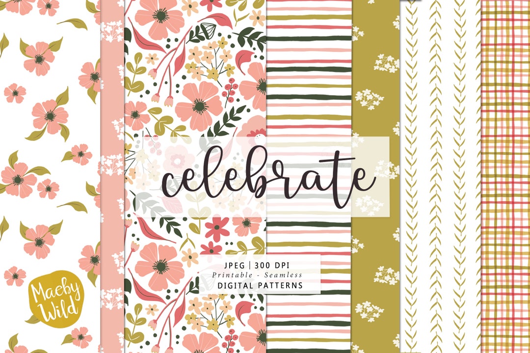 Celebrate Spring Boho Digital Seamless Pattern Paper - Stripes, Tartan ...