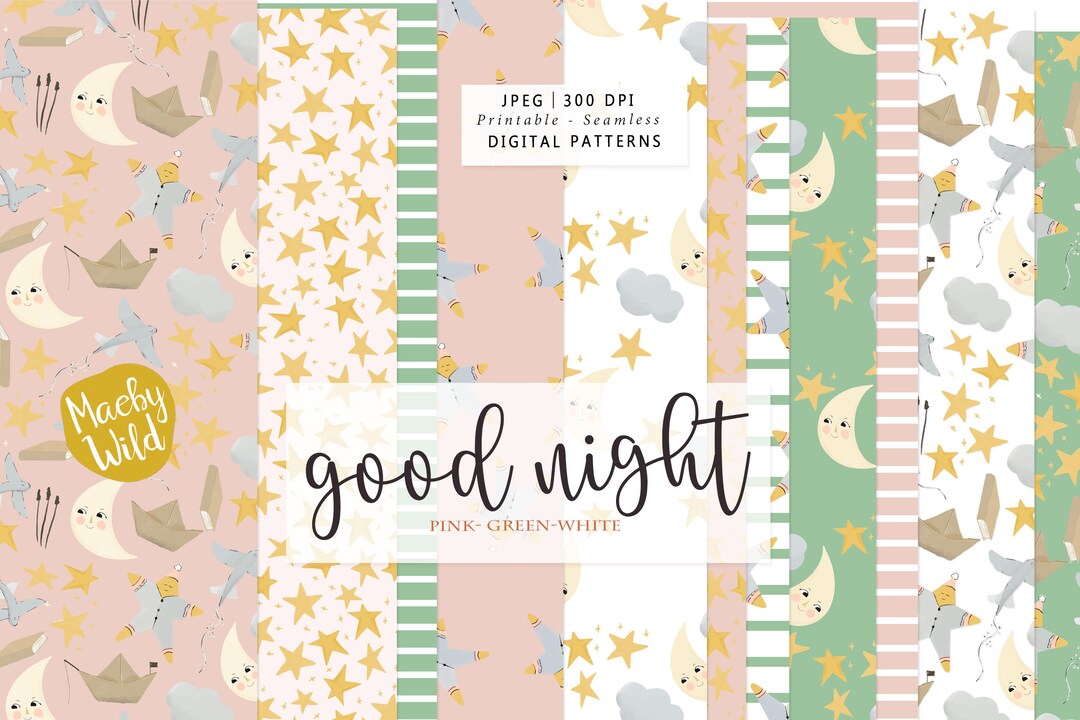 Good Night Patterns -digital Stars and Stripes Seamless Paper - Moon ...