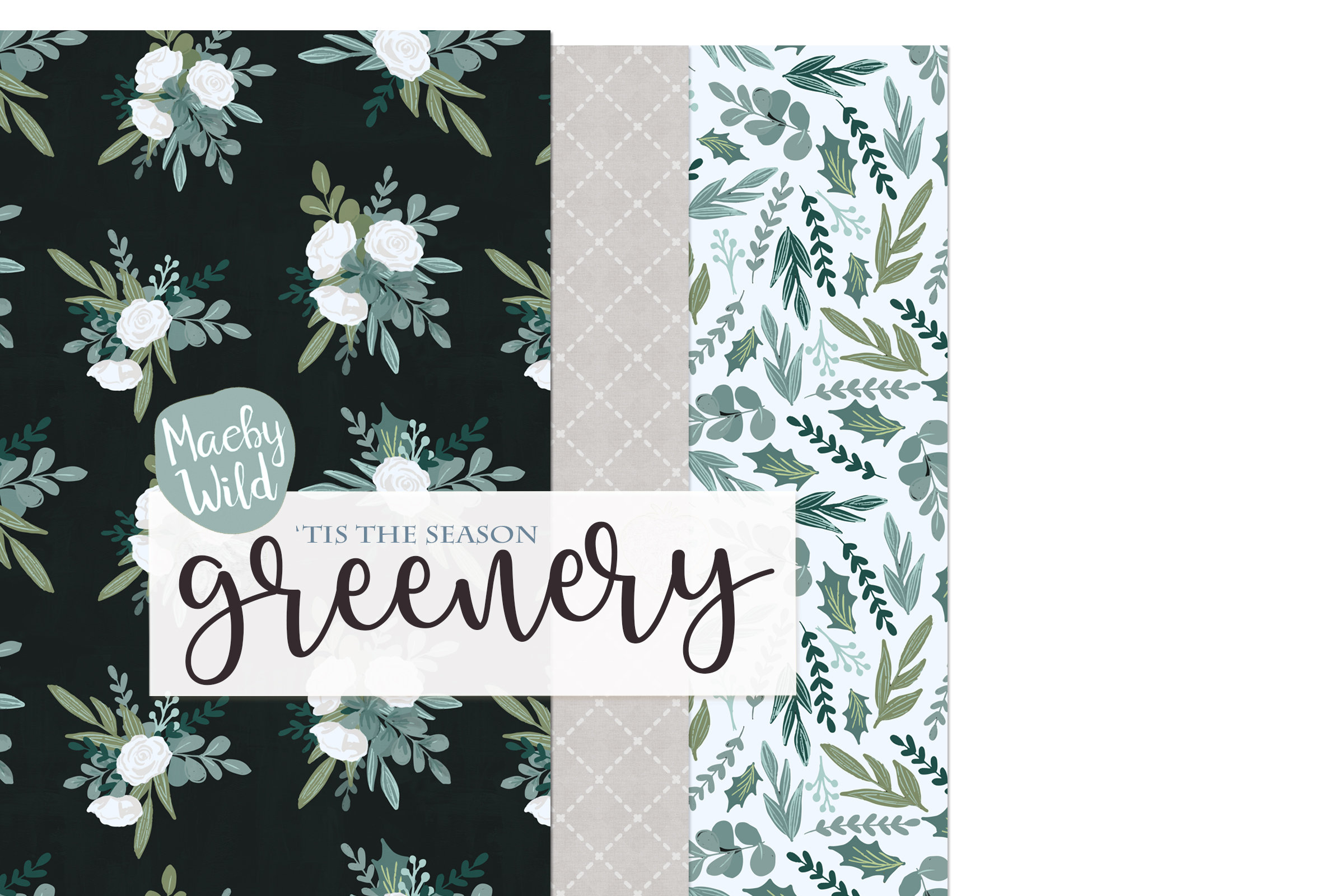 Christmas Greenery Digital Seamless Pattern Paper Holiday Flowers and ...
