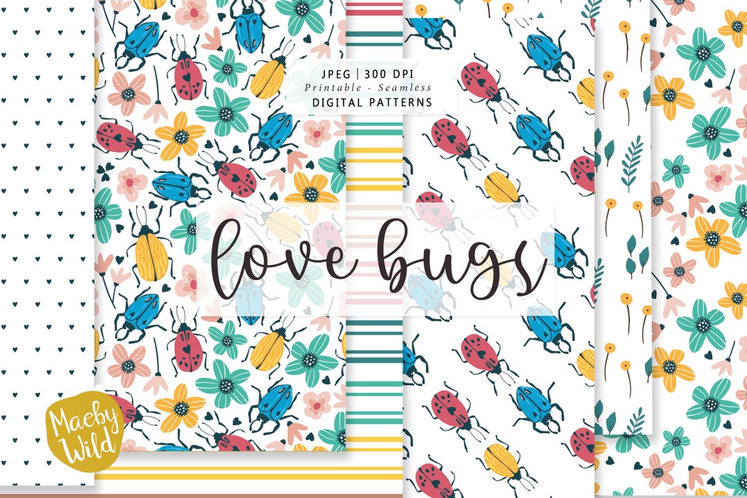 Love Bugs Insect & Garden Seamless Patterns. Ladybird and Beetles Kids ...