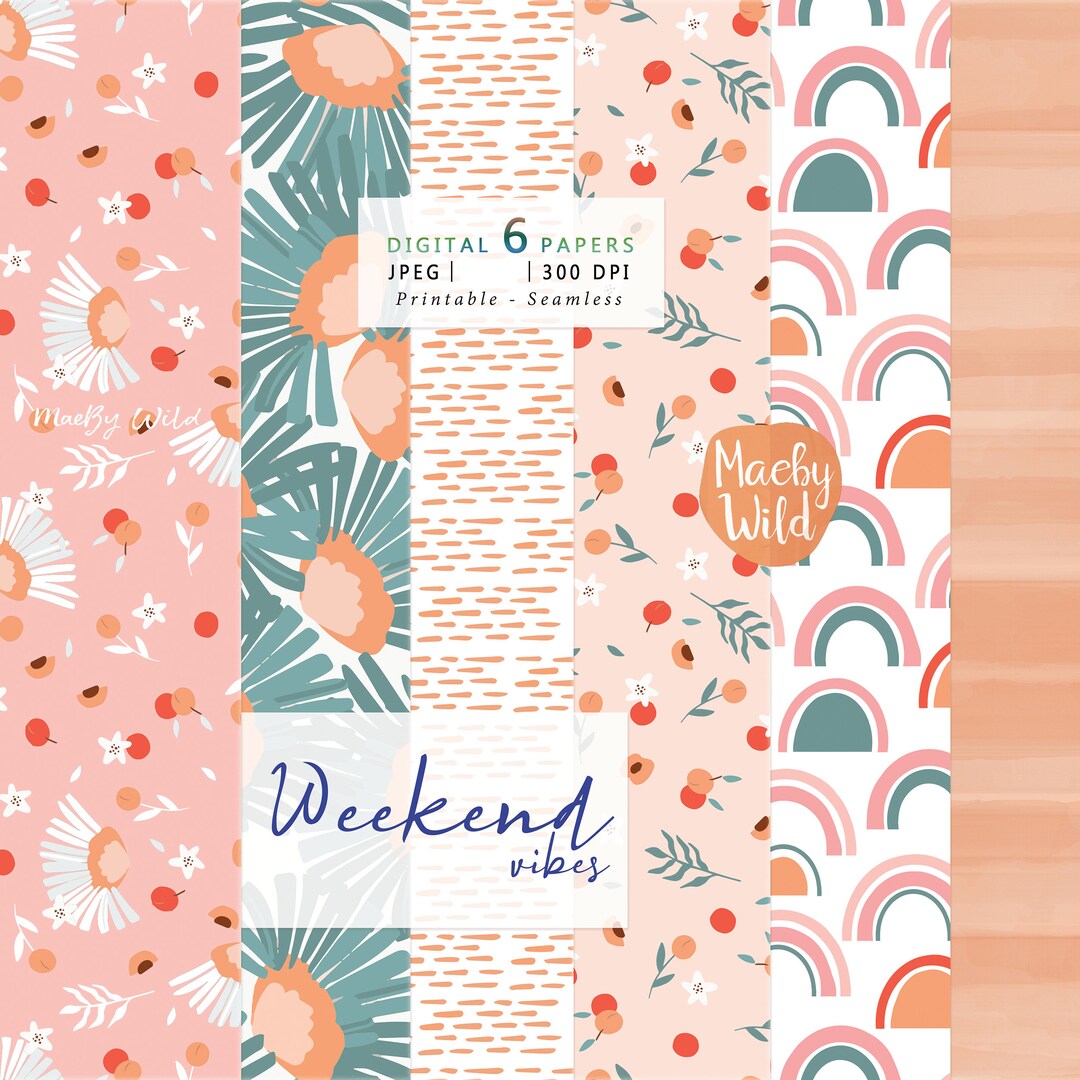 Boho Rainbow Digital Seamless Pattern Paper - Peach and Flower Scrap ...