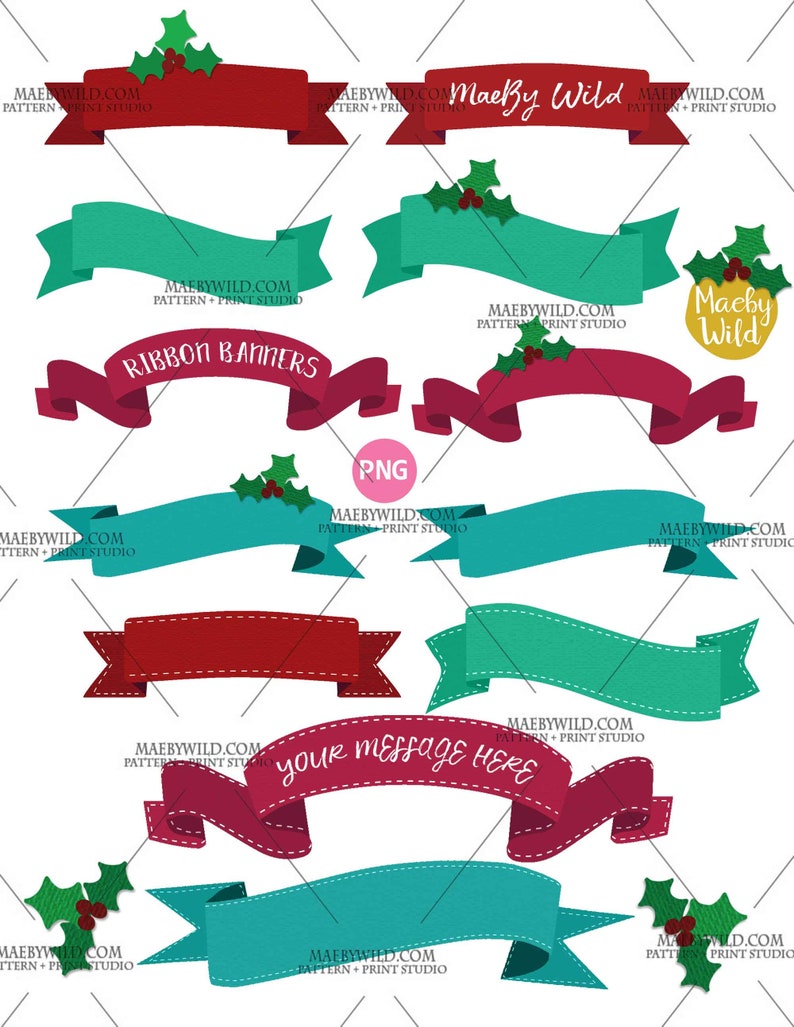 Christmas Ribbon Banner Clipart. Hand Drawn and Cut Out Banners ...
