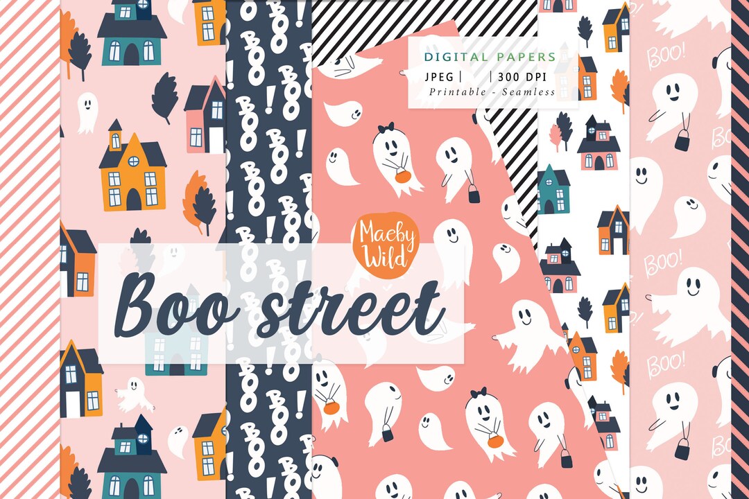 Boo Halloween Digital Seamless Paper, Haunted Houses, Ghosts, Hand ...