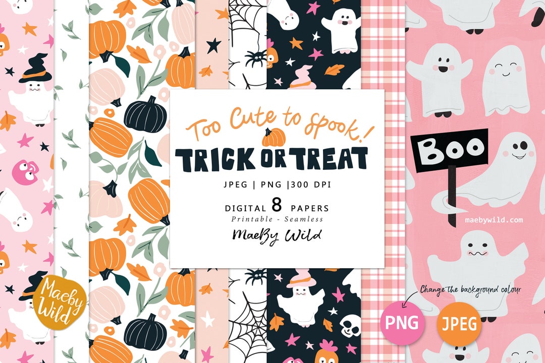 Cute Halloween Digital Seamless Patterns With Fall Pumpkins, Skulls ...