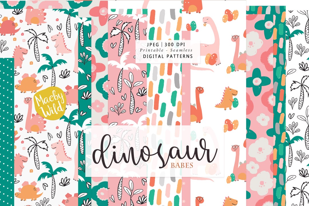 Dinosaur Babes Digital Seamless Pattern Paper - Jungle, Dino, Baby Girl ...