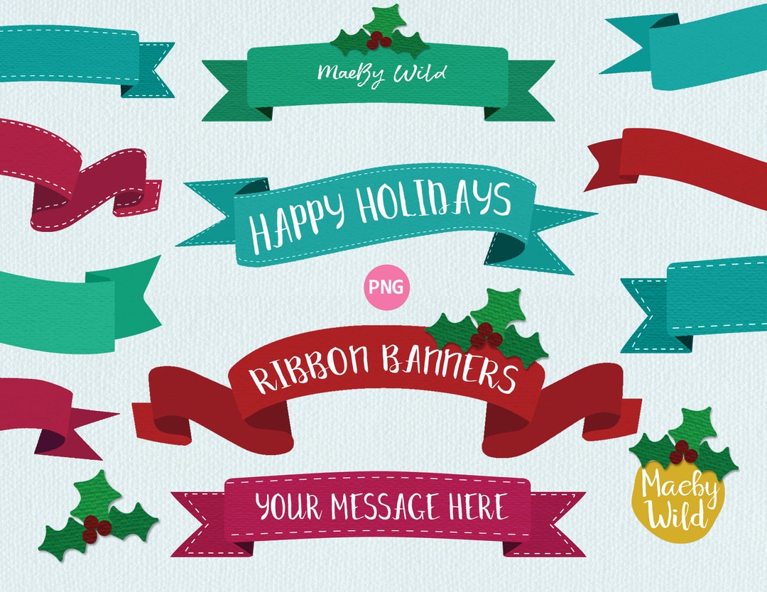 Christmas Ribbon Banner Clipart. Hand Drawn and Cut Out Banners ...