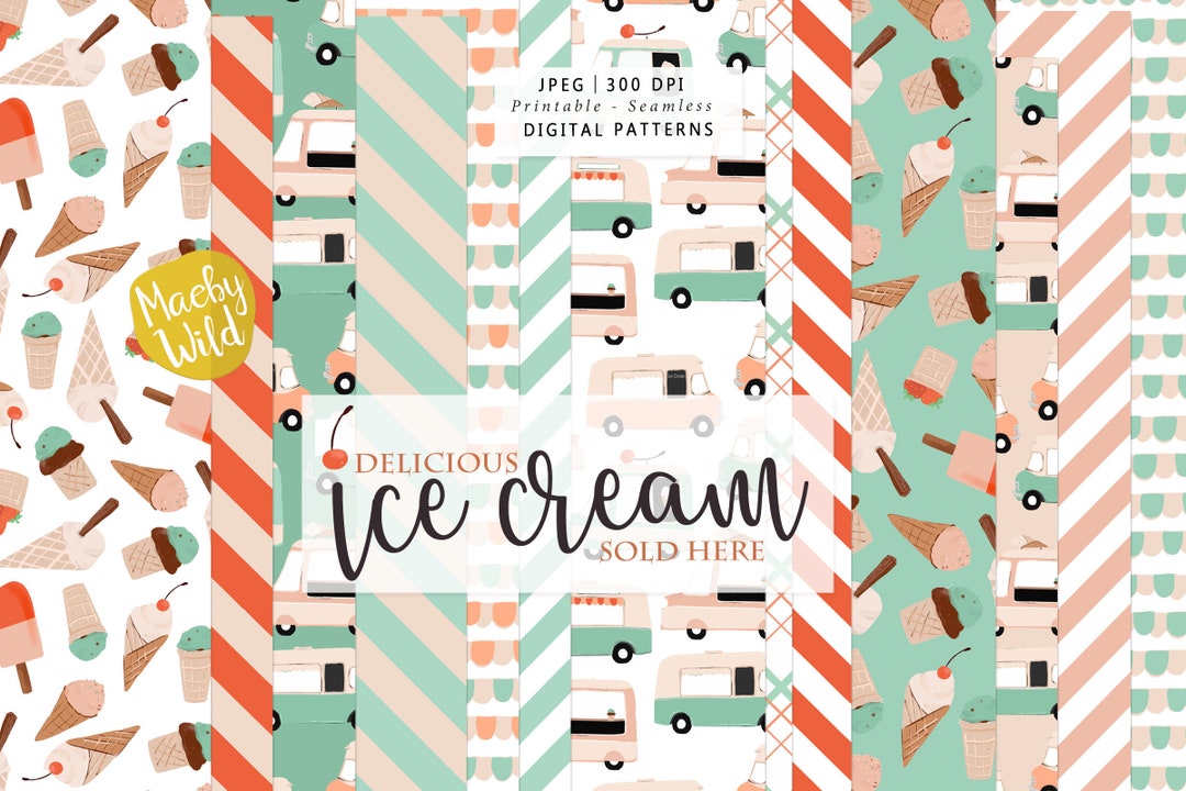 Vintage Ice Cream Sundae Digital Seamless Pattern Paper Ice Cream Vans ...
