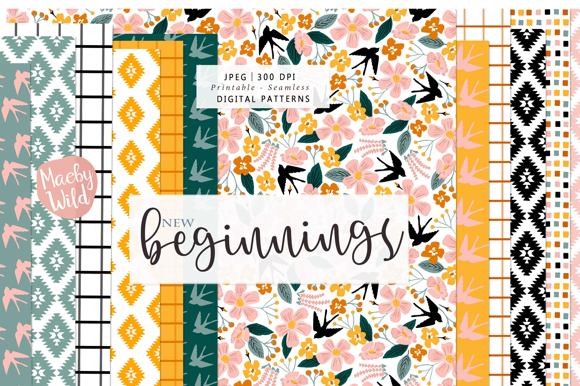 New Beginnings Digital Seamless Pattern Paper Floral Bird Boho Pattern ...