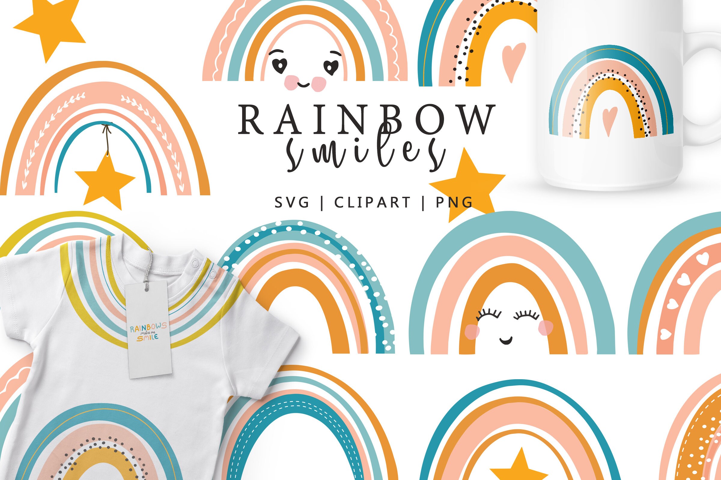Rainbow Smiles Clipart SVG and PNG Kawaii Face SVG Cute - Etsy