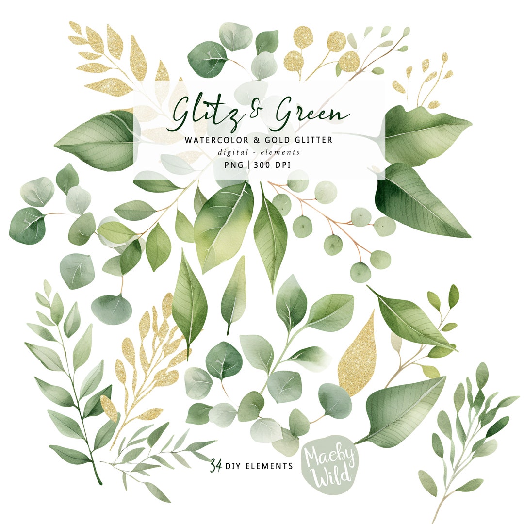 Glitz & Green Watercolor Clip Art Watercolour Leaves and Branches Inc ...