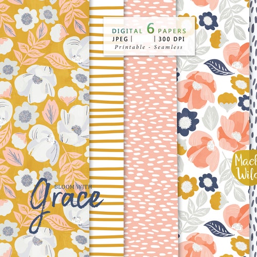 Pink & Blue Floral Digital Paper. Peony Rose Blossom Teal | Etsy