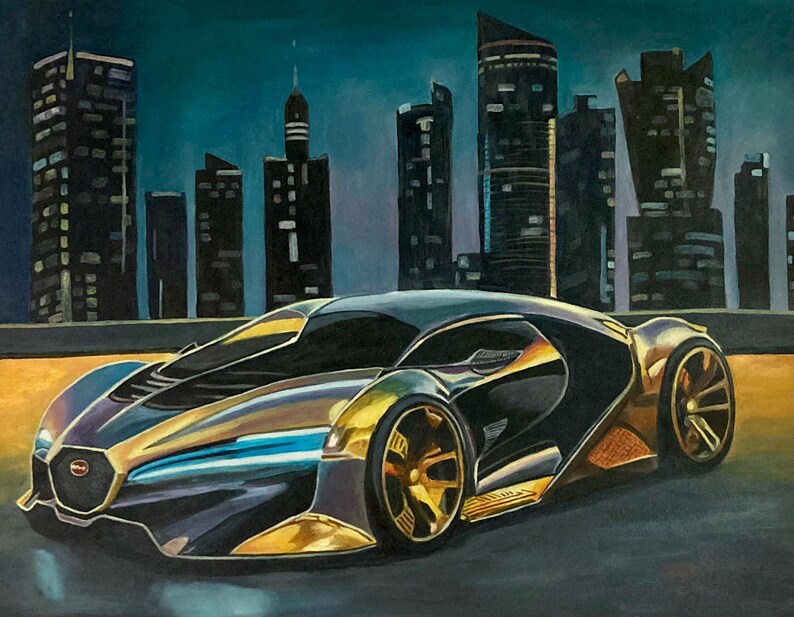 Bugatti, Oil, Luxury Sports Car Art, Black Golden Race Car, Unique Gift ...