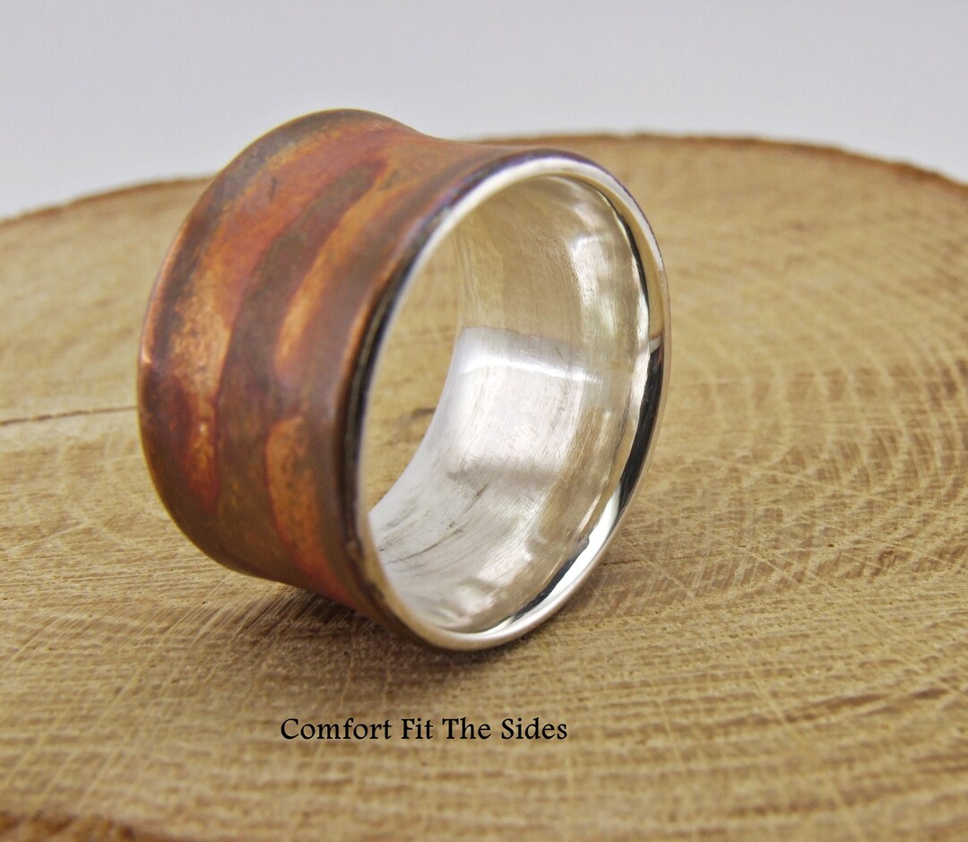 14mm Large - Convex ,men -women Silver and Copper Handmade Rustic Band ...