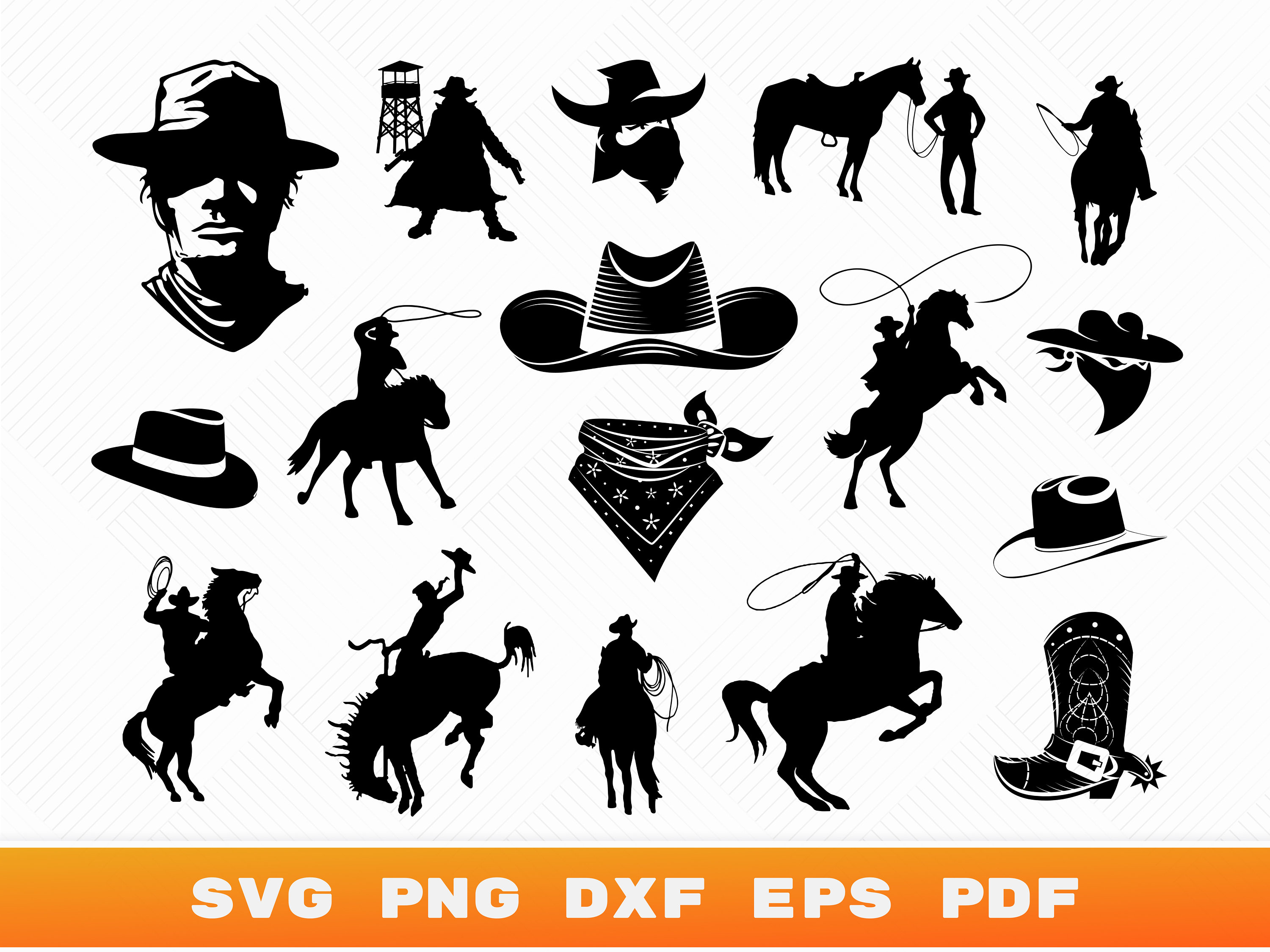 Cowboy Silhouette SVG Bundle, Rodeo Cut Files, Cowgirl Hat PNG, Boots ...