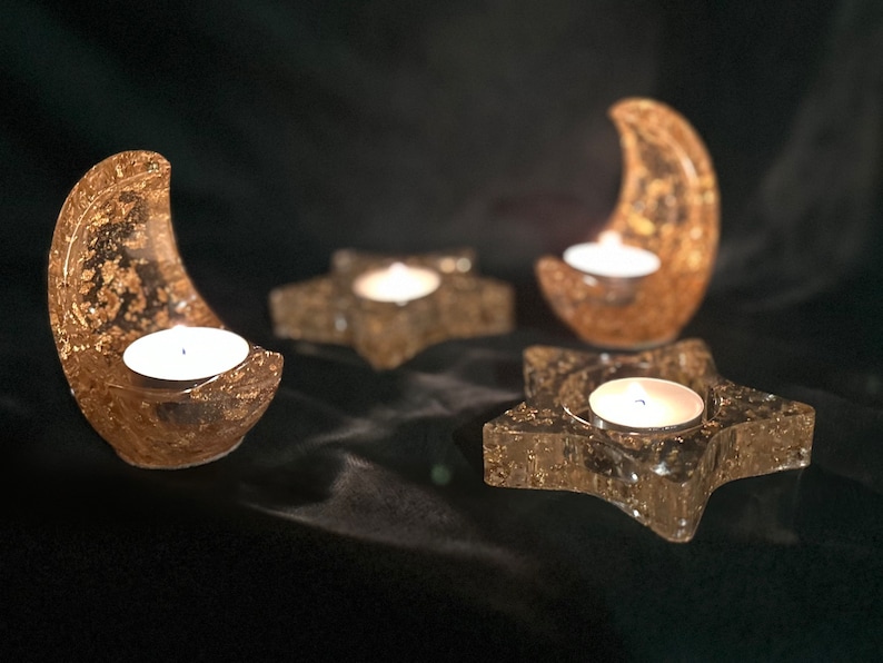 Gold Flake Moon and Star Tea Light and Votive Candle Holder | Stellar ...