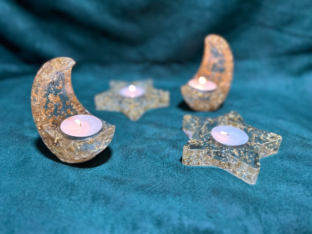 Gold Flake Moon and Star Tea Light and Votive Candle Holder | Stellar ...