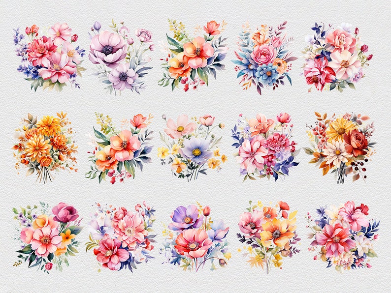 15 Beautiful Watercolor Bouquets Clipart Bundle, Different Flowers and ...
