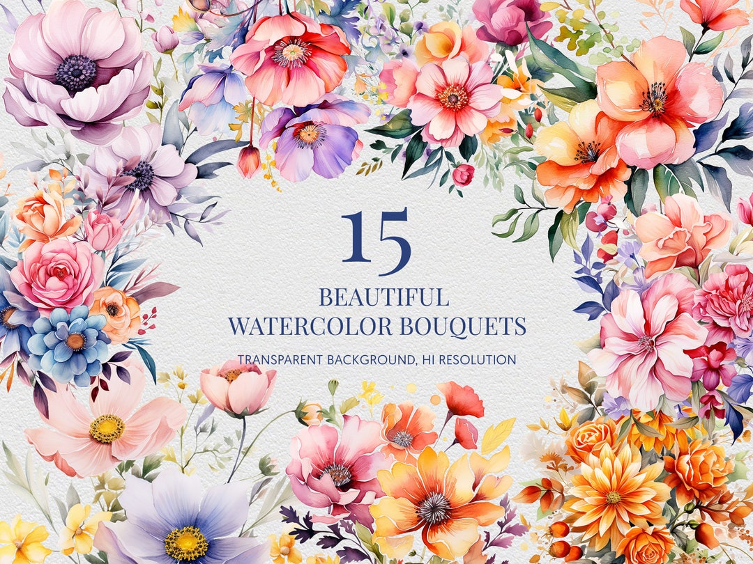 15 Beautiful Watercolor Bouquets Clipart Bundle, Different Flowers and ...