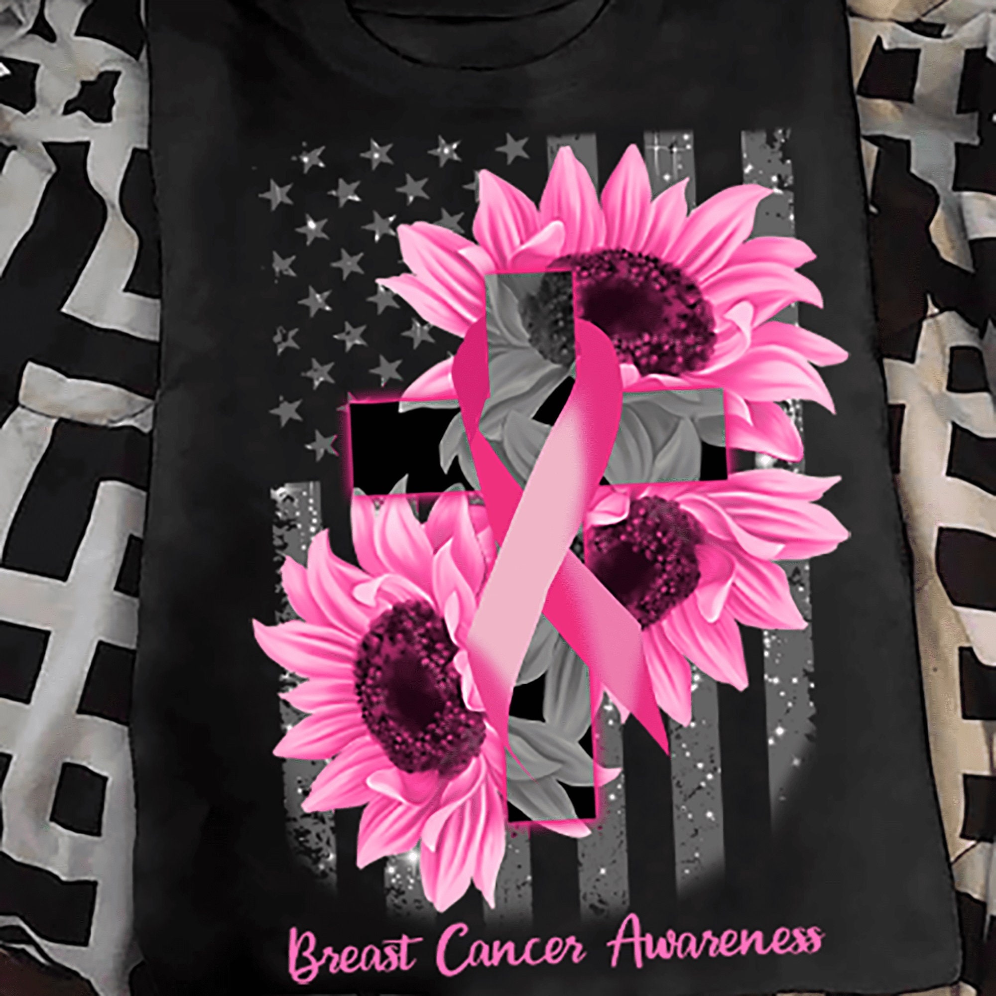 American Flag Cross Ribbon Sunflower Breast Cancer Awareness Etsy