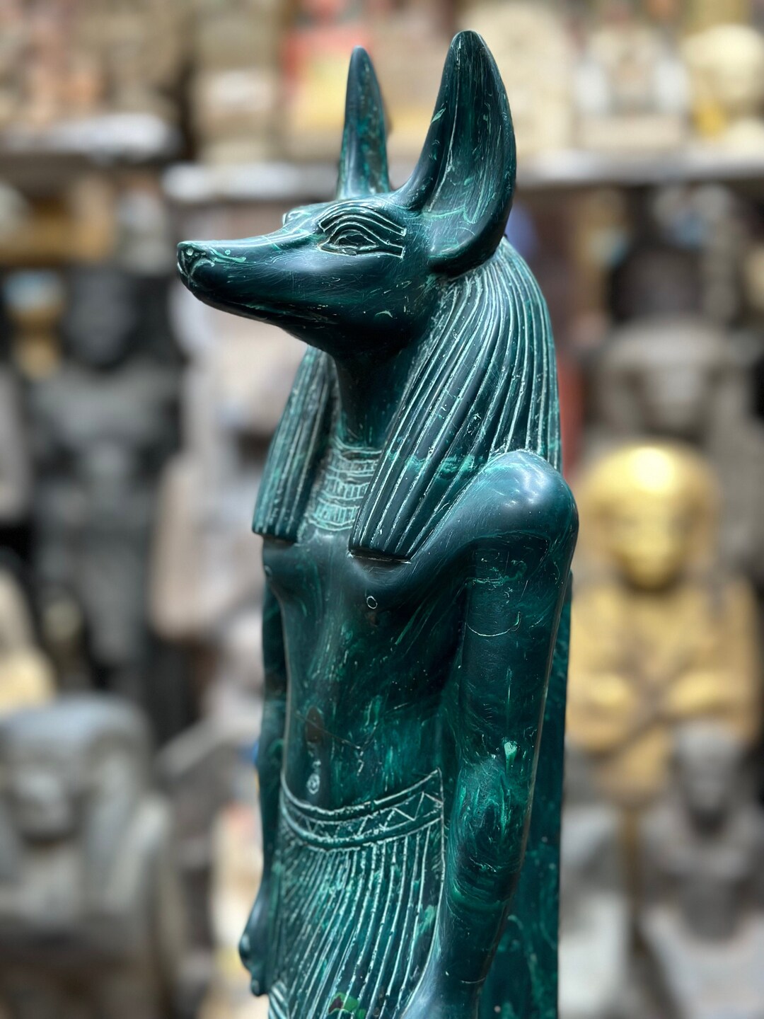Anubis statue handmade from green malachite stone, unique piece ...