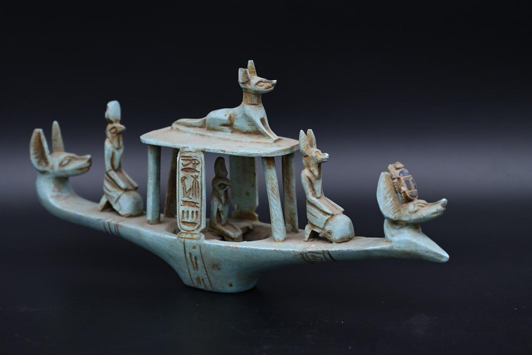 Anubis Boat Statue With Horus, Bastet and Thoth Egyptian Antiquity Made ...