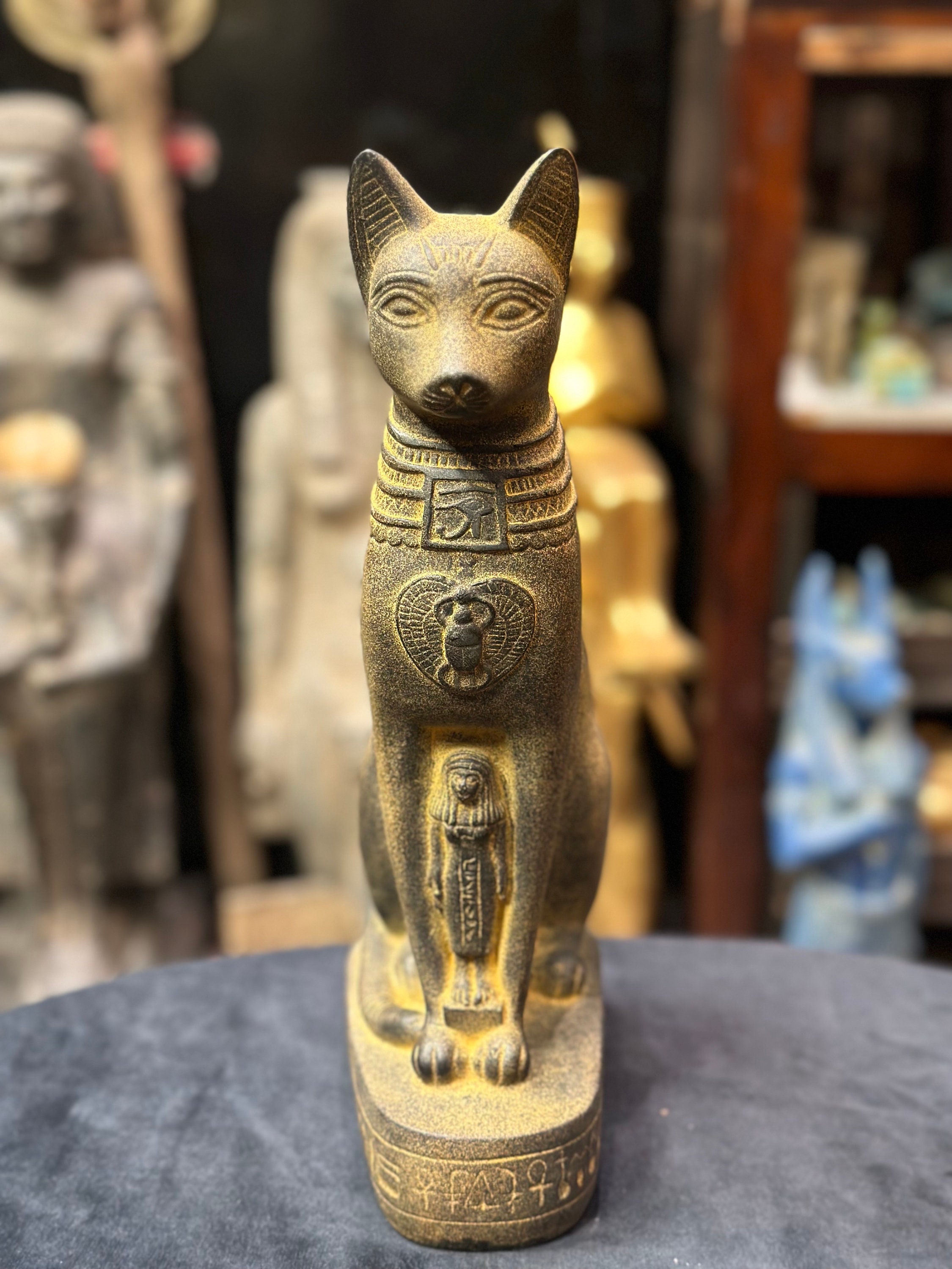 Handcrafted Bastet Cat Statue, Black Basalt Stone Egyptian Goddess ...