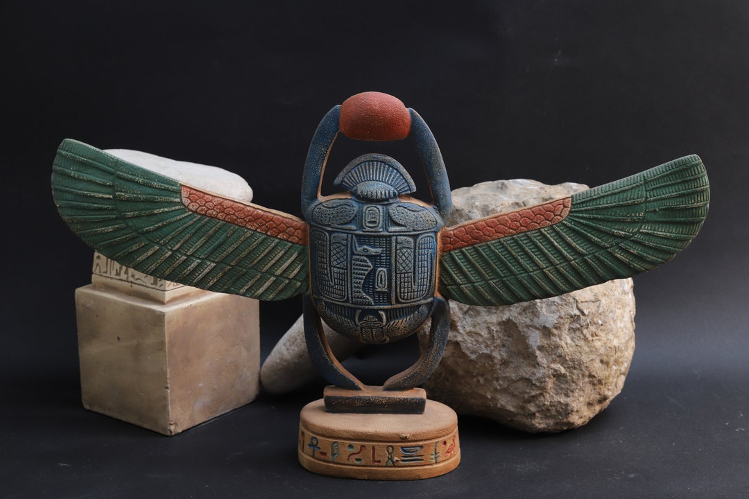 Handcrafted Winged Scarab Limestone Statue: Egyptian Good Luck Symbol ...