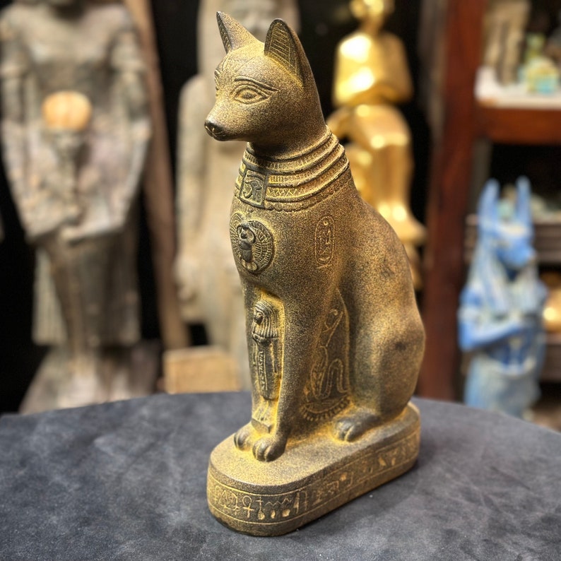 Handcrafted Bastet Cat Statue, Black Basalt Stone Egyptian Goddess ...