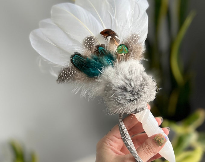 Selenite Feather Fan With Howlite Beads - Etsy