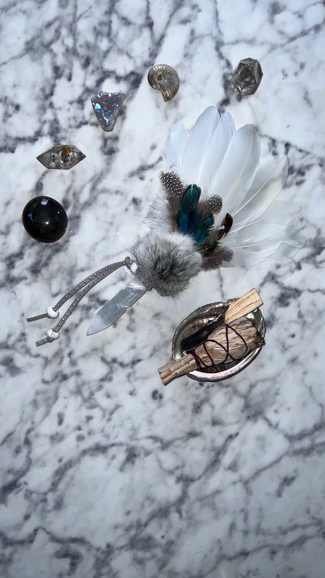 Selenite Feather Fan With Howlite Beads - Etsy