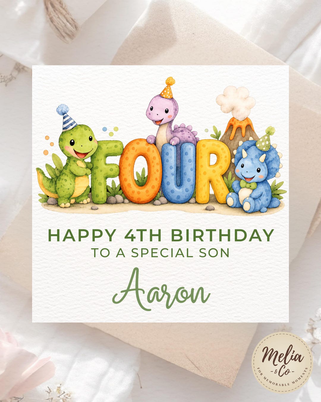 Personalised Dinosaur Birthday Card, Watercolour Style, Custom Name and ...
