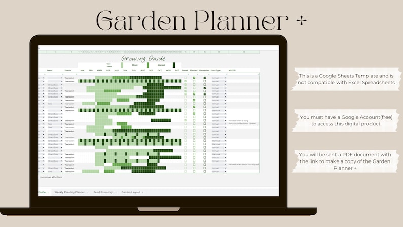 Garden Planner + Green Spreadsheet, Google Sheets Garden Planner ...
