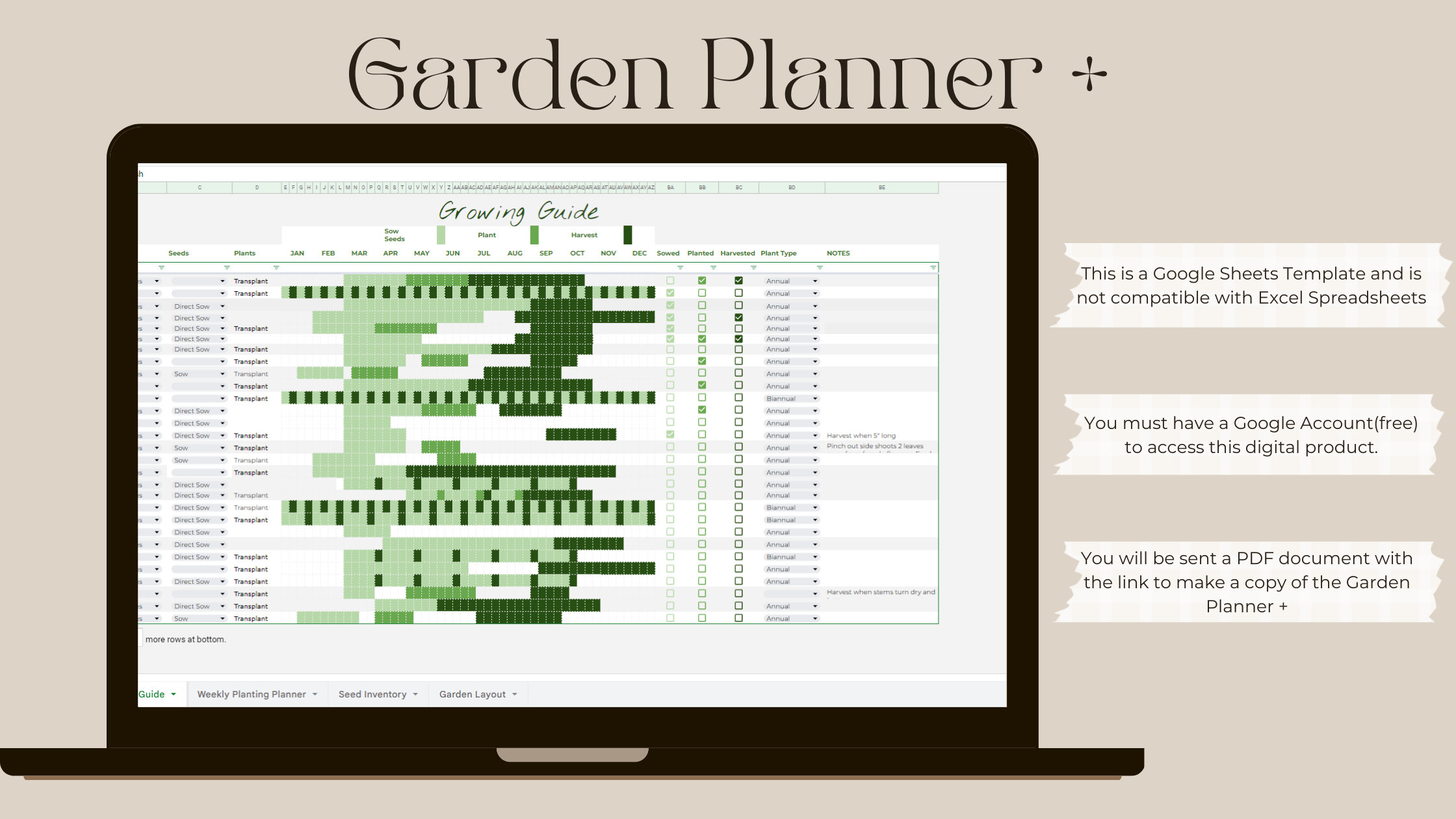 Garden Planner + Green Spreadsheet, Google Sheets Garden Planner ...