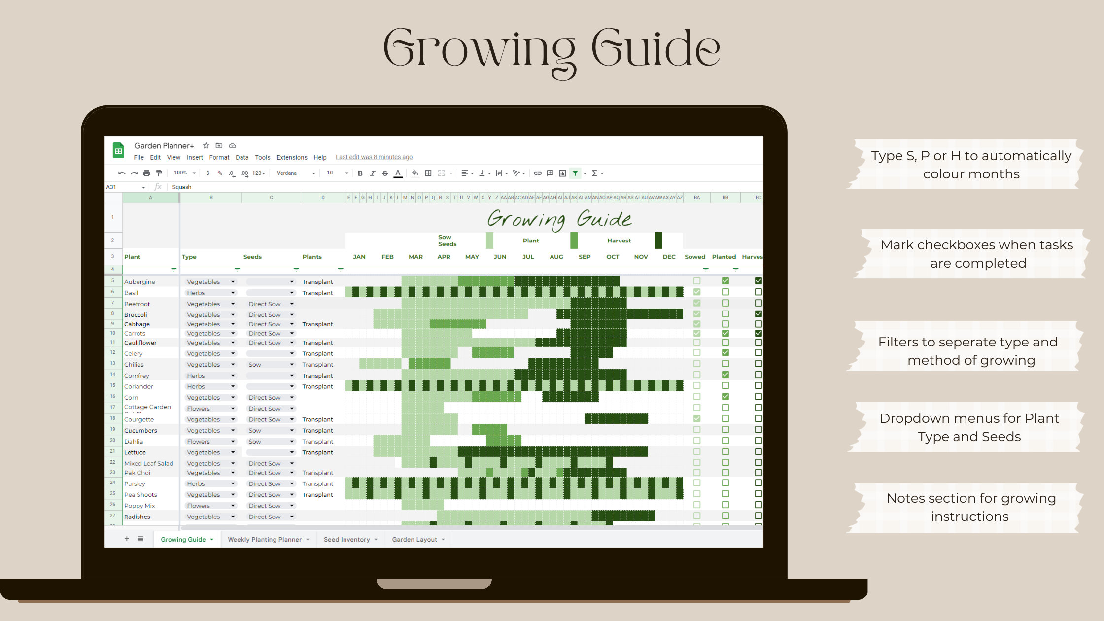 Garden Planner + Green Spreadsheet, Google Sheets Garden Planner ...