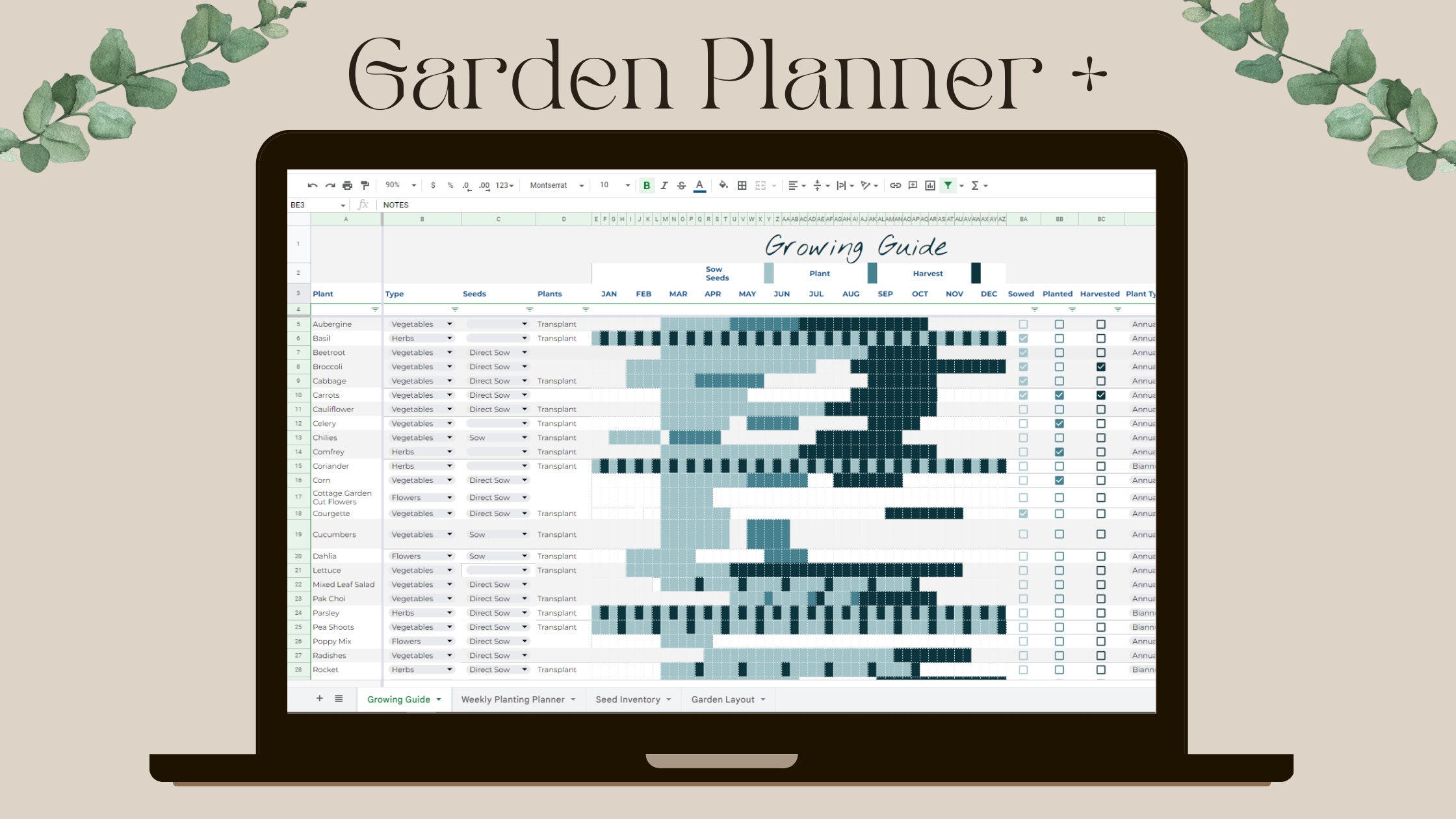 Garden Planner + Blue Spreadsheet, Google Sheets Garden Planner ...