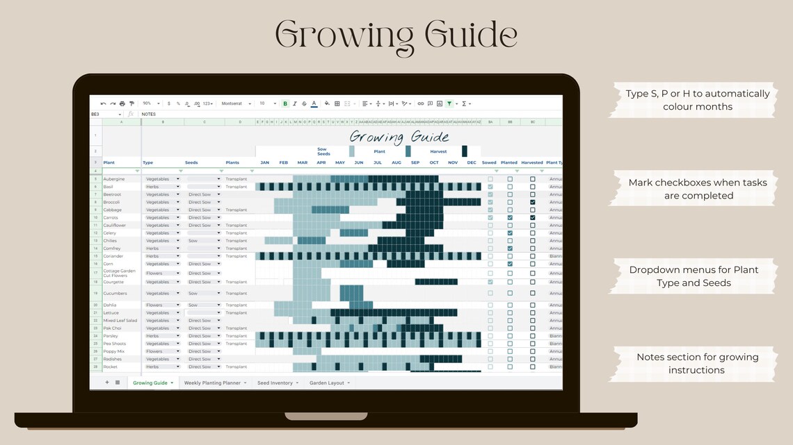 Garden Planner + Blue Spreadsheet, Google Sheets Garden Planner ...