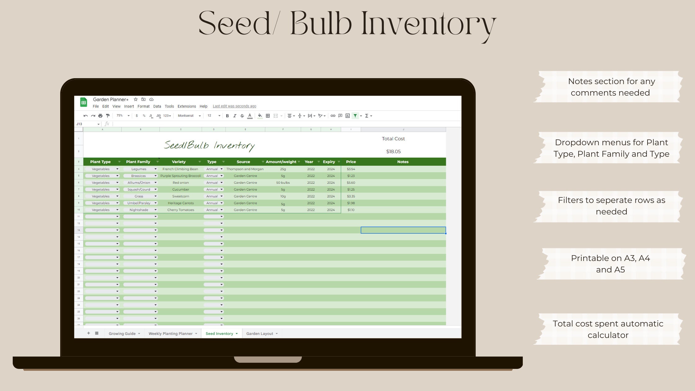 Garden Planner + Green Spreadsheet, Google Sheets Garden Planner Template, Garden Layout, Garden ...