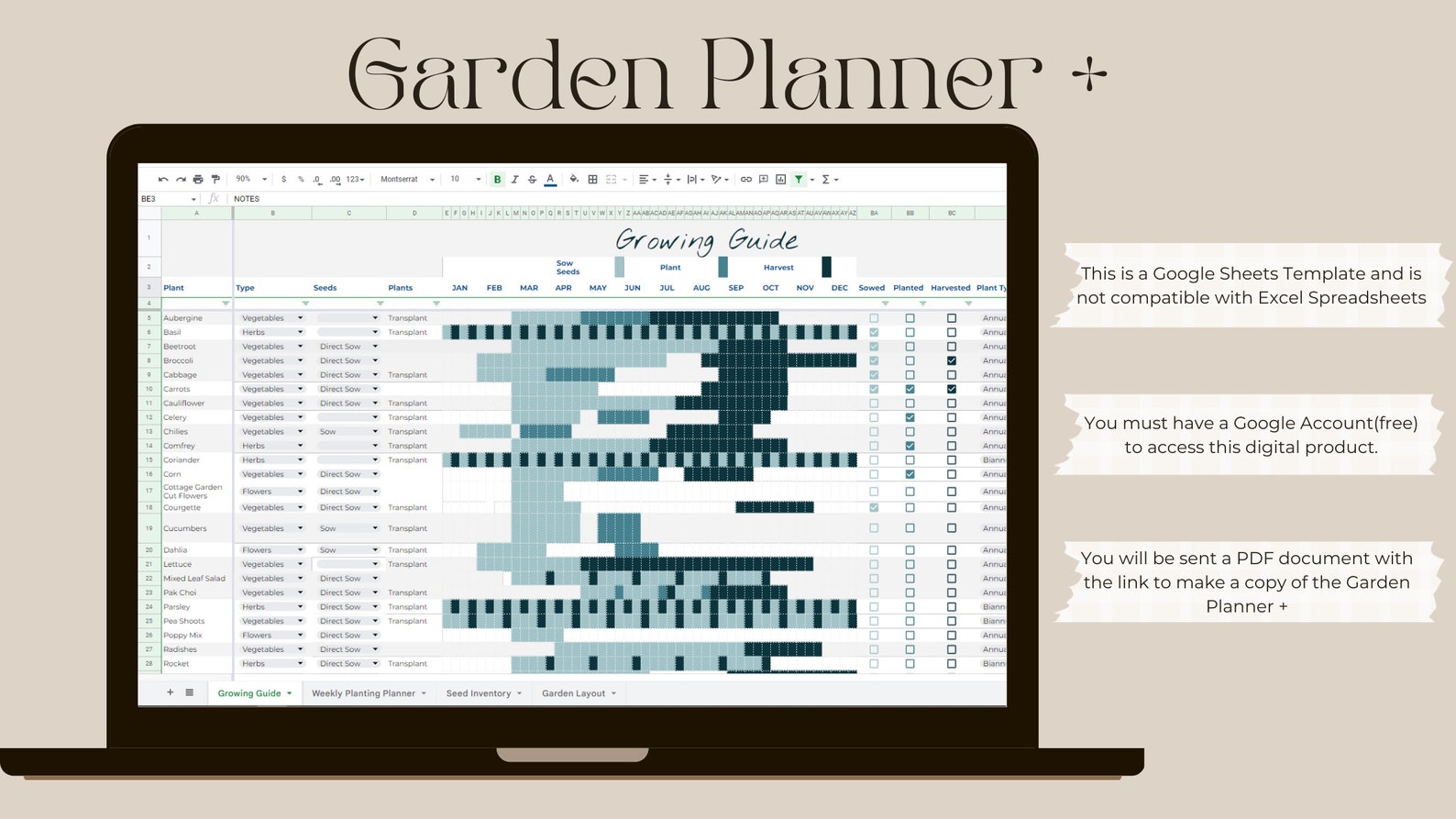Garden Planner + Blue Spreadsheet, Google Sheets Garden Planner ...