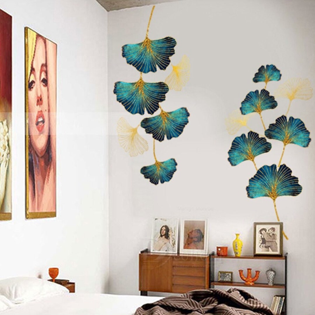 Ginko Leaf Wall Sticker, Leaf Wall Decal, Gold and Blue Green Ginko ...