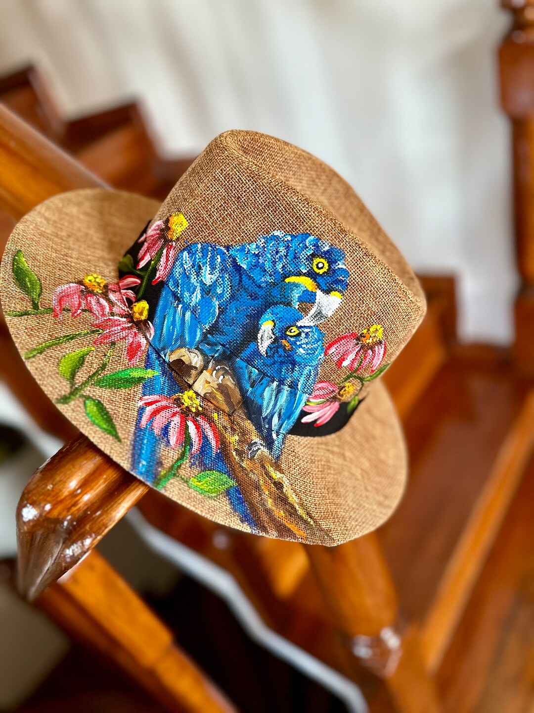 Hand Painted Parrot Hat, Handmade Parrot Straw Hat, Straw Beach Hat ...