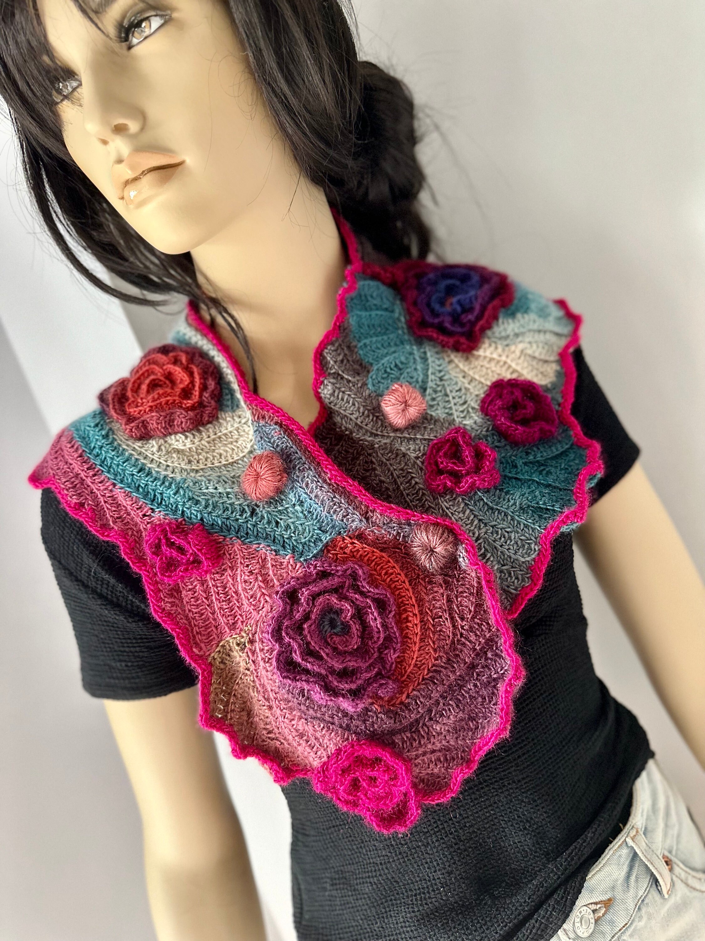 Freform Crochet Collar,pink/blue Freeform Necklace Warmer Cowl Scarf ...