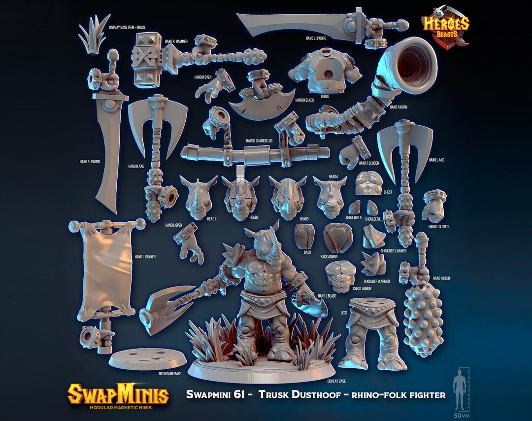 Swapmini 61 - Trusk Dusthoof - Rhino-folk Fighter ( Digital Stl File ...