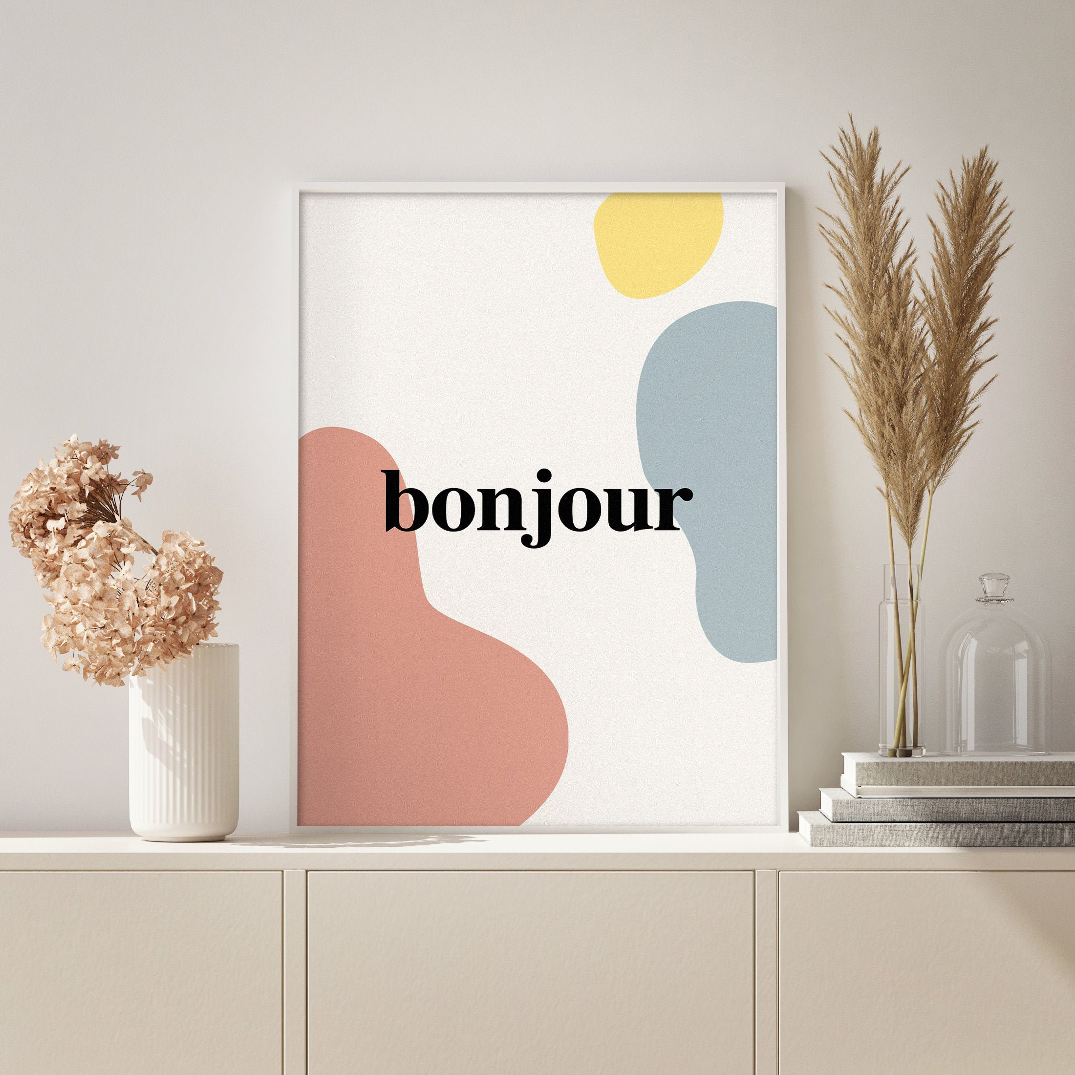 Bonjour Quote Print, Bonjour Print, Typography Quote Wall Art, Boho ...