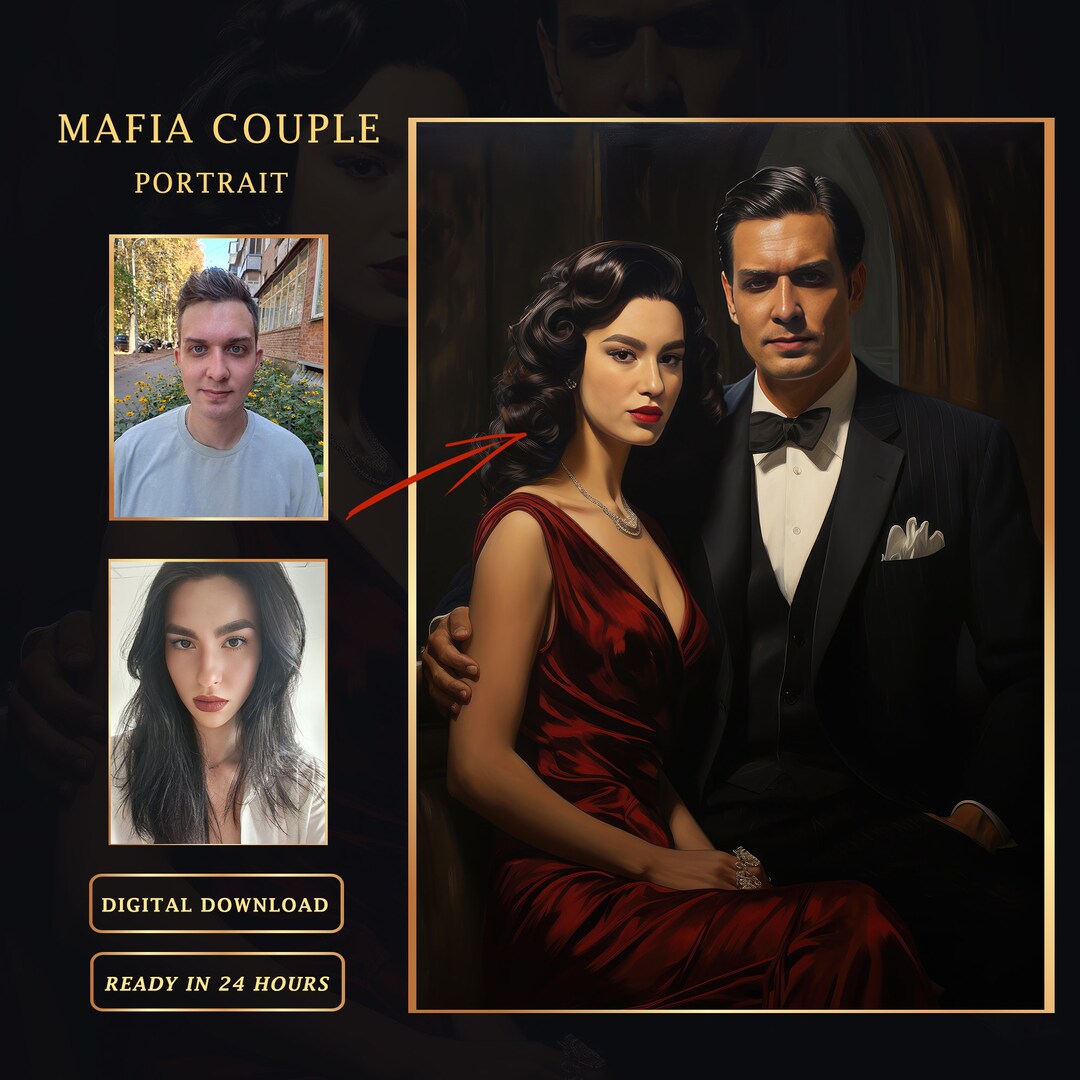 Custom Mafia Couple Portrait: Personalized Art Deco Style Wall Decor ...