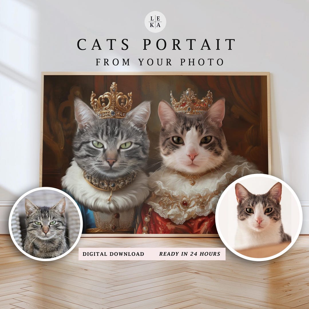 Custom Two Cats Portrait From Photo, Royal Pet Portrait, Personalized ...