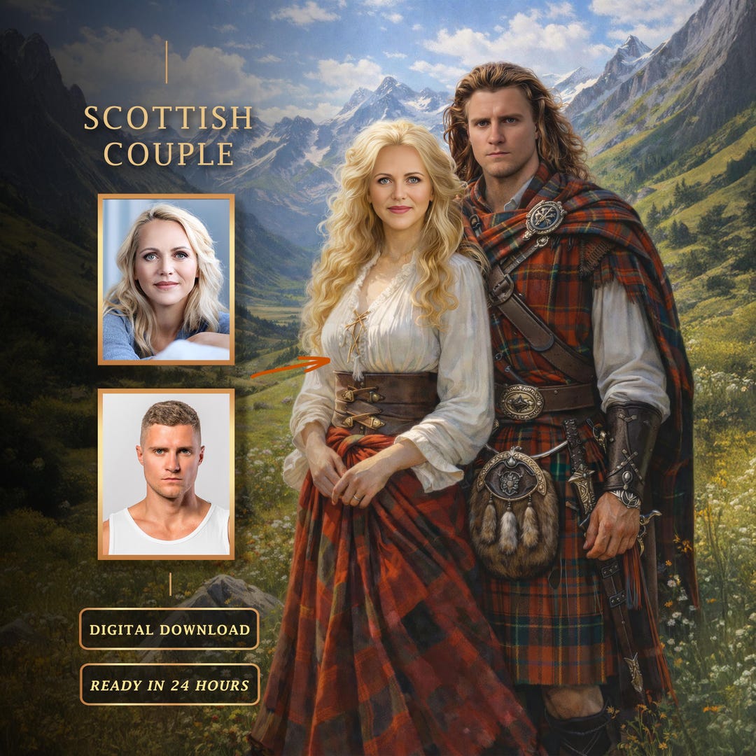 Custom Scottish Couple Portrait From Photo. Personalized Highlander ...