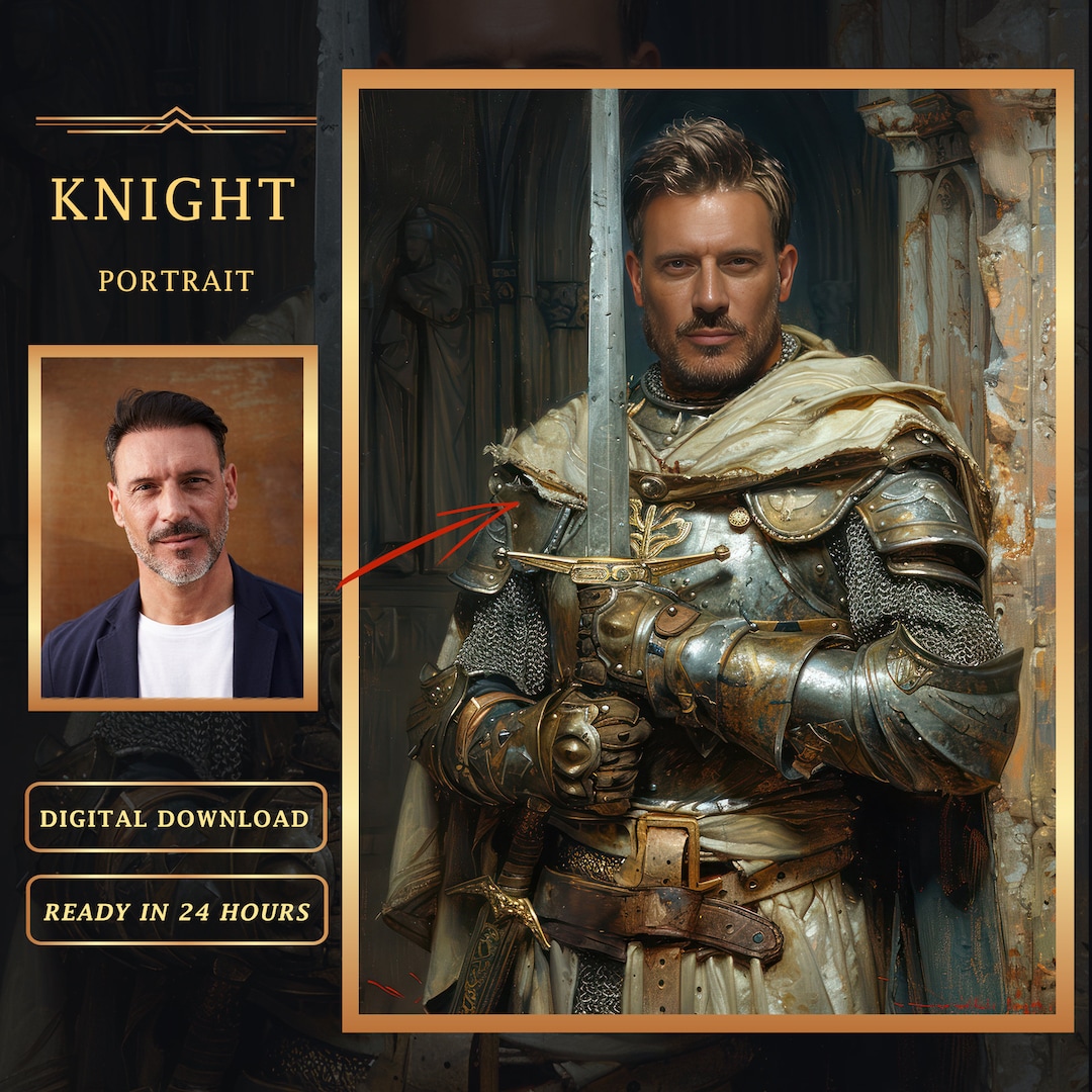 Custom Knight Portrait From Photo, Personalized Royal Knight With Sword ...